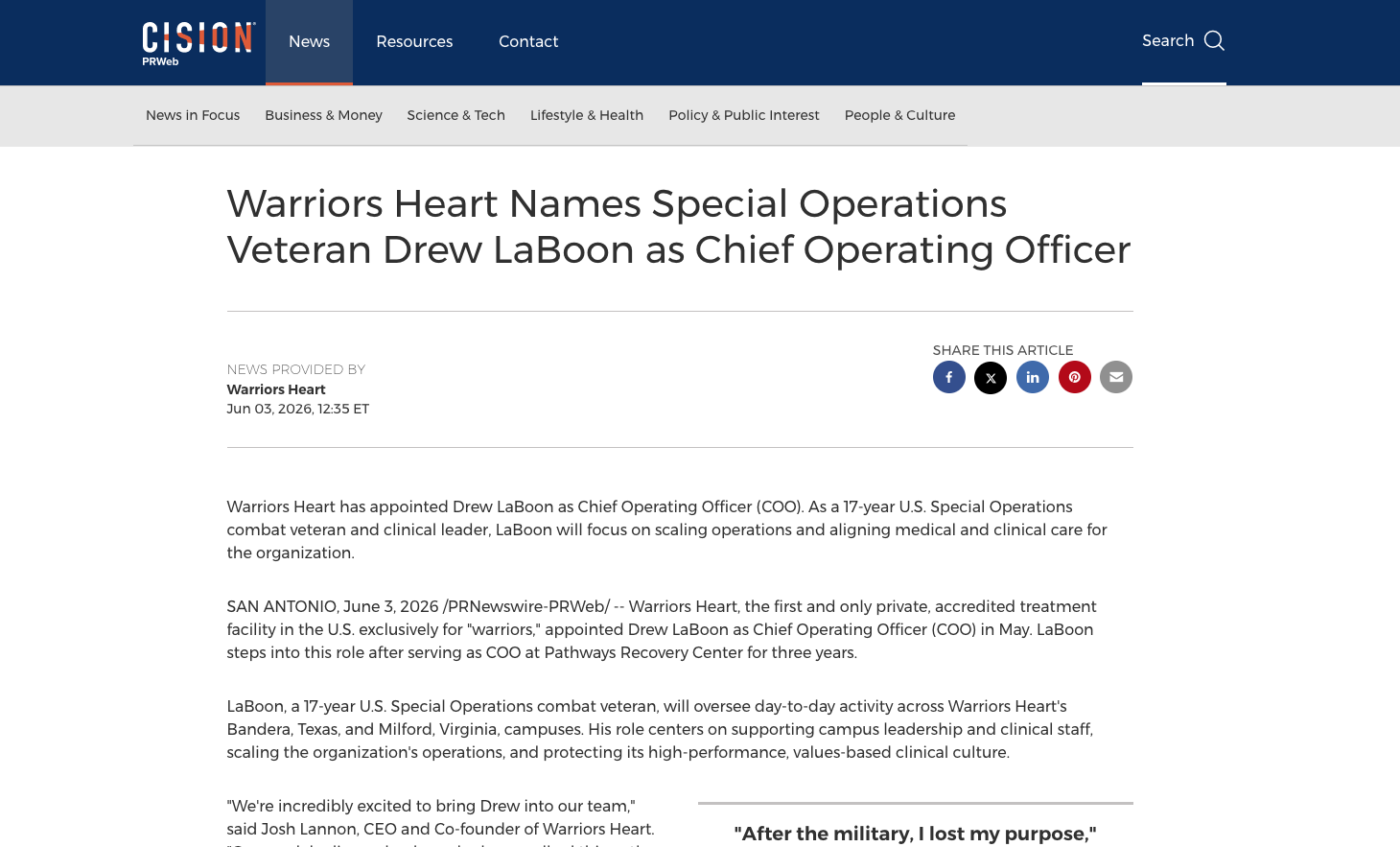 Warriors Heart Names Special Operations Veteran Drew LaBoon as Chief ...